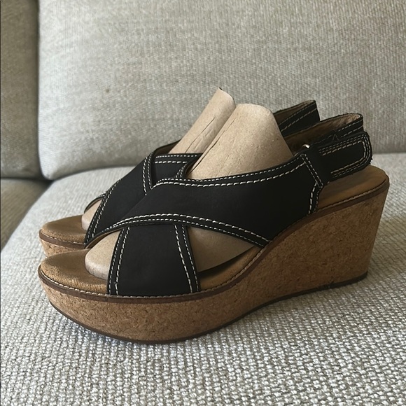 Clarks | Shoes | Clarks Black Mules With Cork Platform And Contrast ...